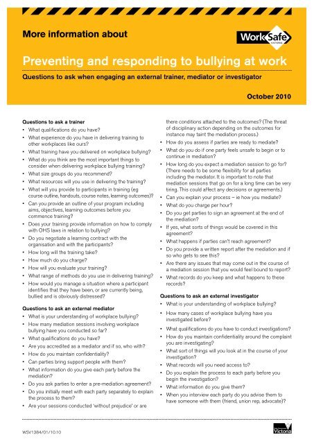 Preventing and responding to bullying at work - WorkSafe Victoria