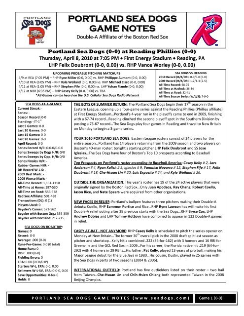 PORTLAND SEA DOGS GAME NOTES - MiLB.com