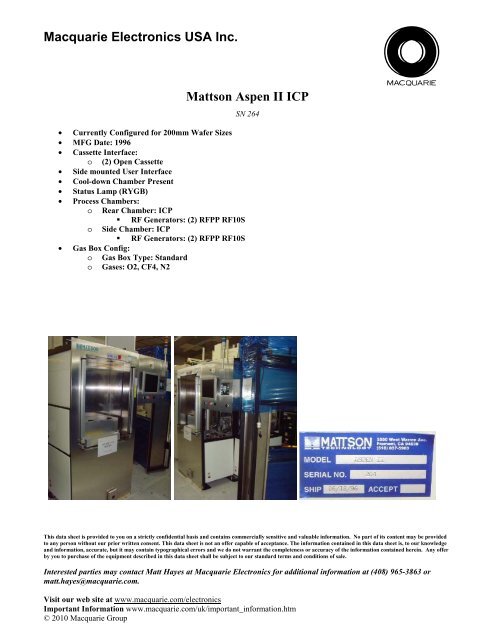 Macquarie Electronics USA Inc. Mattson Aspen II ICP