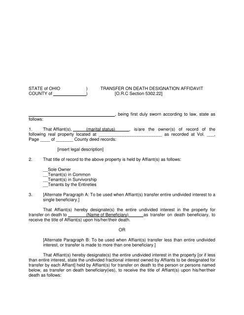 STATE of OHIO ) TRANSFER ON DEATH DESIGNATION ... STATE of OHIO ) TRANSFER ON DEATH DESIGNATION ...