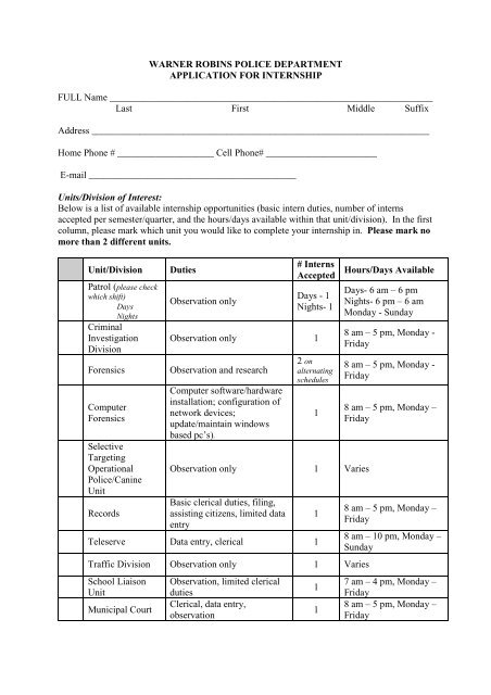 Internship Pre-Application - Warner Robins Police Department