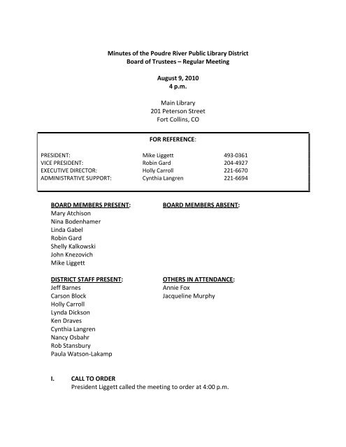Minutes of the Poudre River Public Library District Board of Trustees ...
