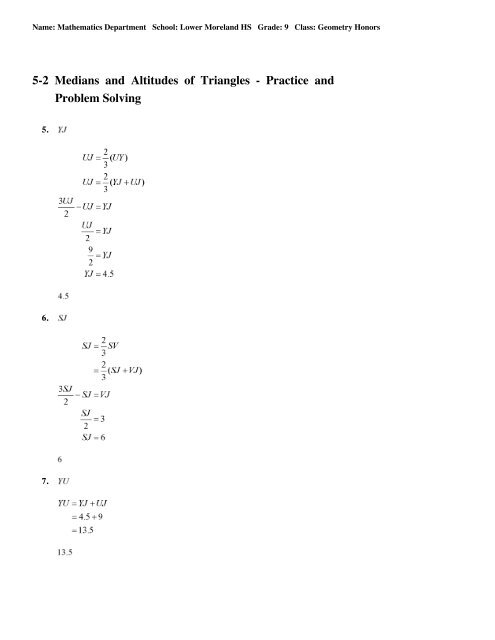 5-2 Medians and Altitudes of Triangles - Practice and Problem Solving