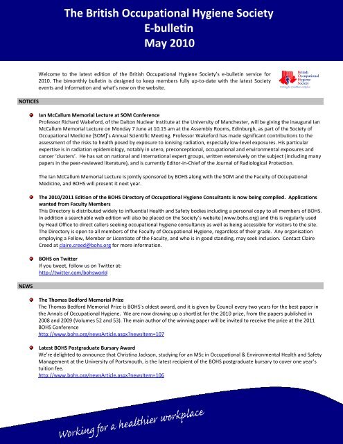 The British Occupational Hygiene Society E-bulletin May 2010 - BOHS