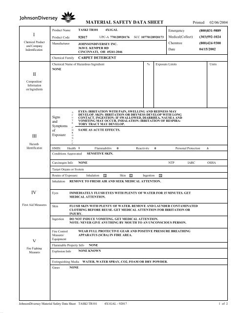 TASKI TR101 4X1GAL (US Institutional MSDS 92017 )