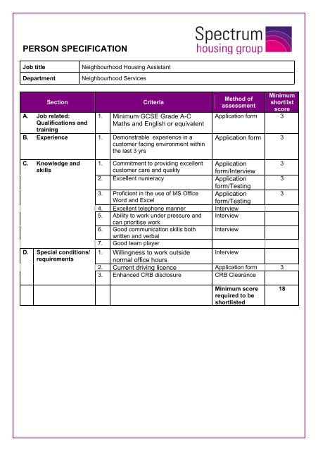 PERSON SPECIFICATION