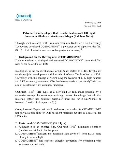 Polyester Film Developed that Uses the Features of LED ... - Toyobo