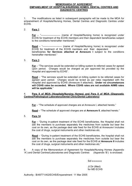 MEMORANDA OF AGREEMENT EMPANELMENT OF ... - ECHS