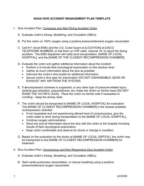 1 NOAA DIVE ACCIDENT MANAGEMENT PLAN TEMPLATE I. Dive ...
