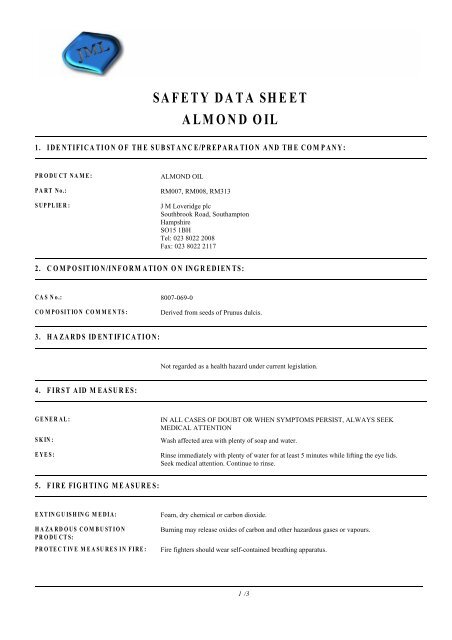 SAFETY DATA SHEET ALMOND OIL - J.M.Loveridge plc