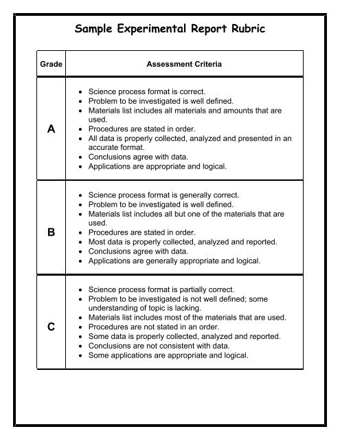 Sample Experimental Report Rubric A B C - Science