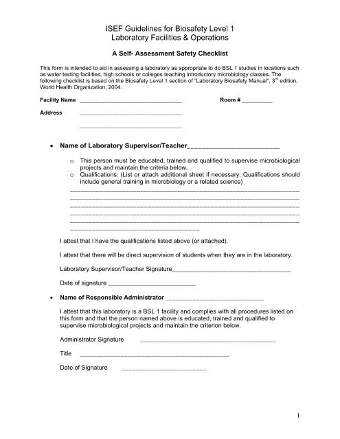 ISEF Guidelines for Biosafety Level 1 Self Assessment Checklist