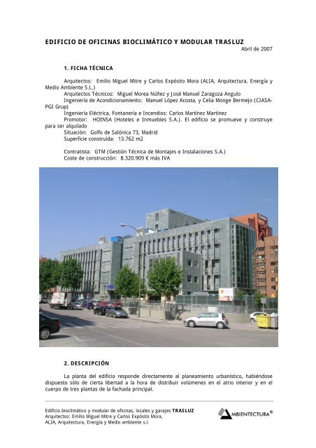 EDIFICIO DE OFICINAS BIOCLIMÃ TICO Y MODULAR TRASLUZ