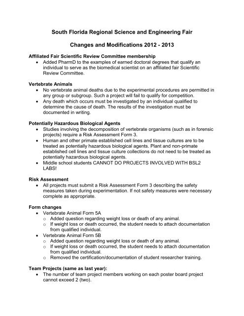 South Florida Regional Science and Engineering Fair Changes and ...