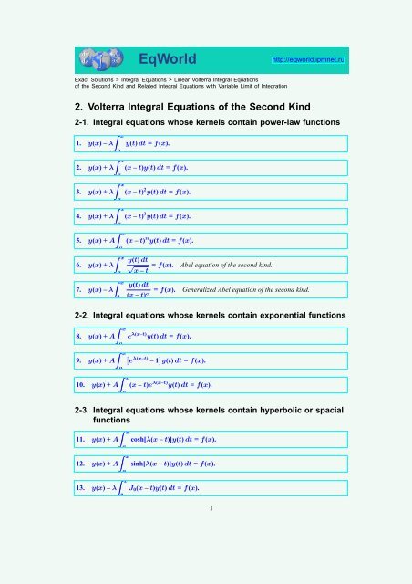 Volterra Integral Equations Second Kind Eqworld The World Of