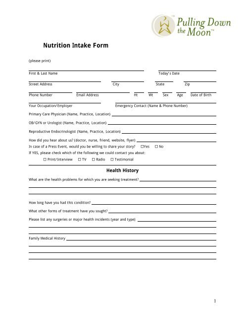 Nutrition Intake Form - Pulling Down the Moon