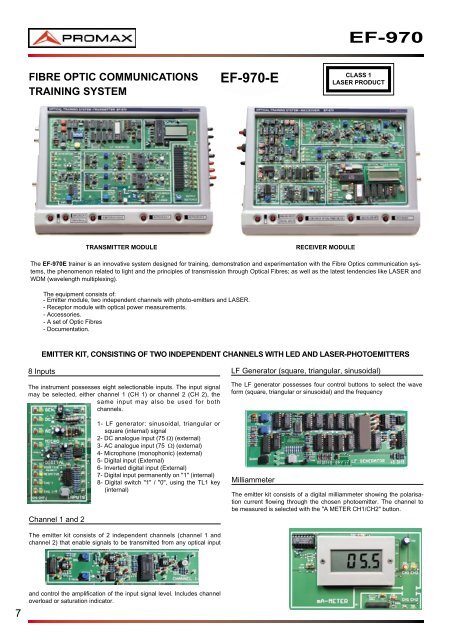 Fibre Optic Communications Training System - EF-970 - Protel