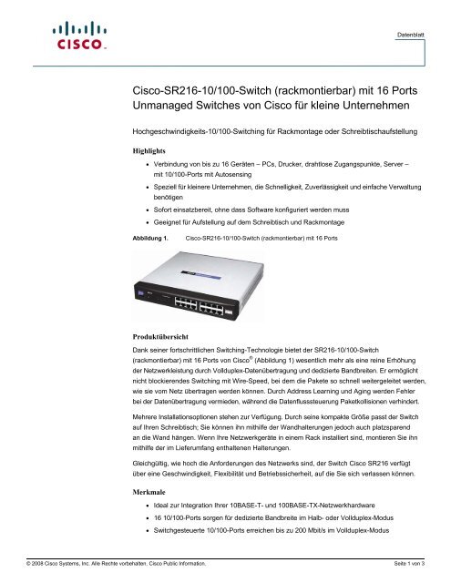 Cisco-SR216-10/100-Switch (rackmontierbar) mit 16 Ports ...