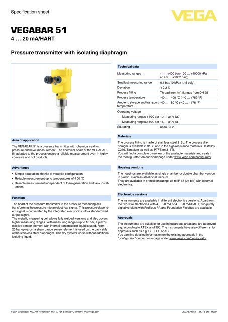 Specification sheet - VEGABAR 51 - Pressure transmitter ... - Insatech