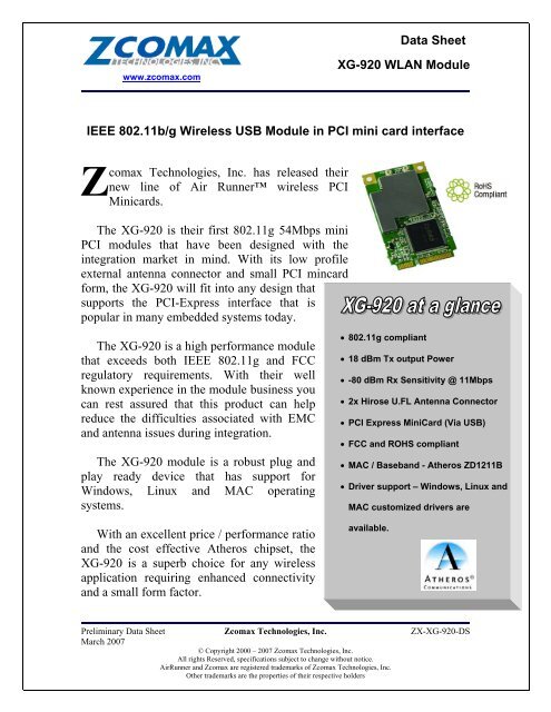 XG-920 WLAN Module Data Sheet IEEE 802.11b/g ... - Zcomax