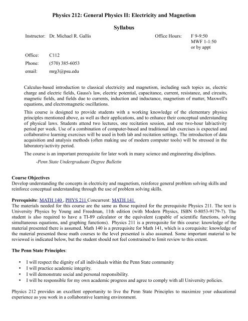 Physics 212: General Physics II: Electricity and Magnetism Syllabus