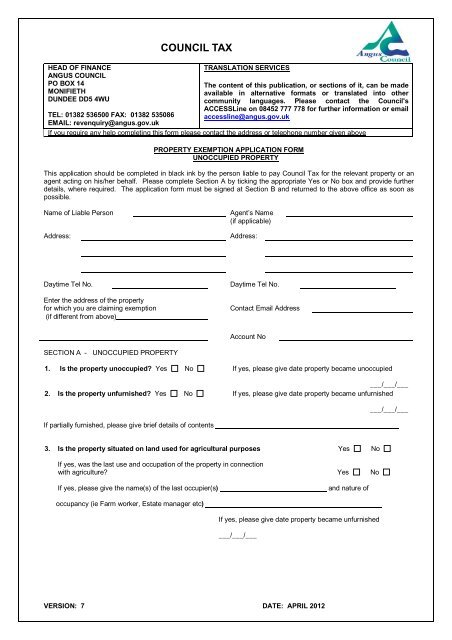 Unoccupied Property application form - Angus Council