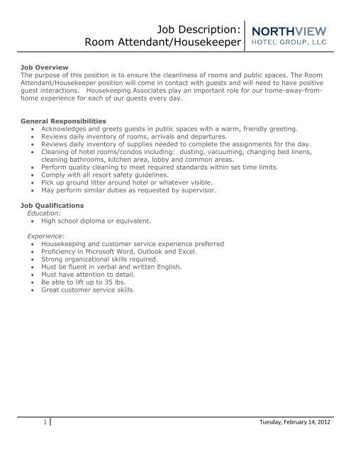 Job Description Room Attendant Housekeeper Eagle Crest Resort