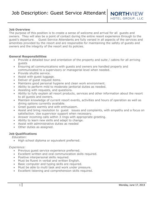 Job Description: Guest Service Attendant - Eagle Crest Resort
