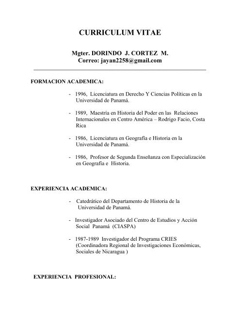 CURRICULUM VITAE - Universidad de PanamÃ¡