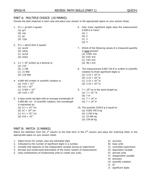 SPH3U-R REVIEW: MATH SKILLS (PART 1) QUIZ#1 PART A ...