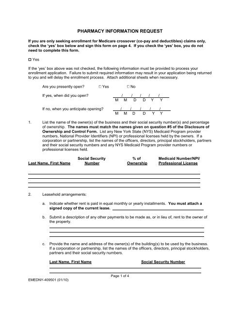 Pharmacy Information Request - form #409501 - eMedNY