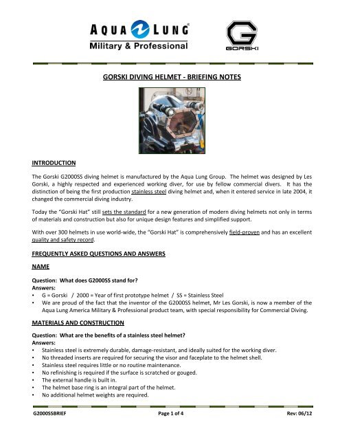 GORSKI DIVING HELMET - BRIEFING NOTES - Aqua Lung