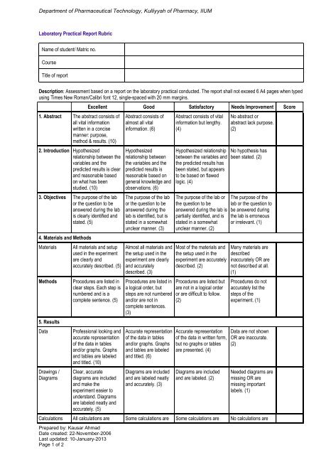 Laboratory Practical Report Rubric Laboratory Practical Report Rubric