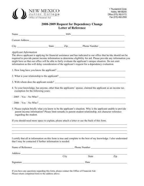 2008-2009 Request for Dependency Change Letter of Reference