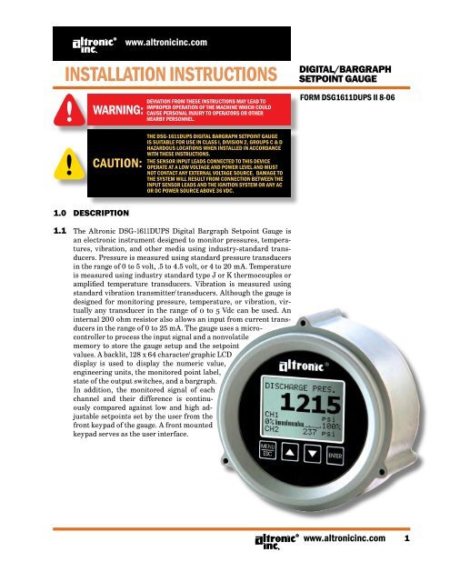DSG-1611DUPS Installation Instructions - Altronic Inc.