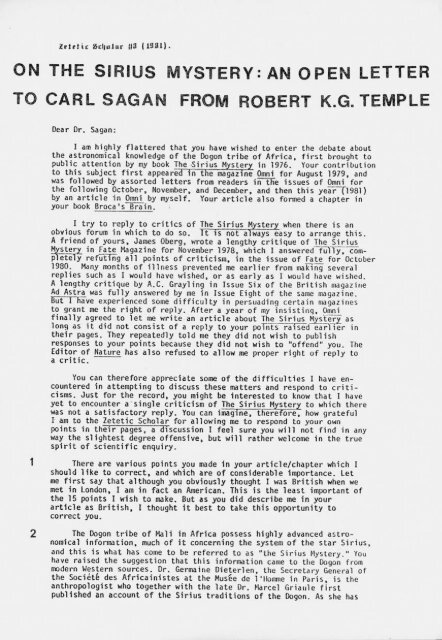 On the Sirius Mystery: an open letter To Carl Sagan ... - Robert Temple