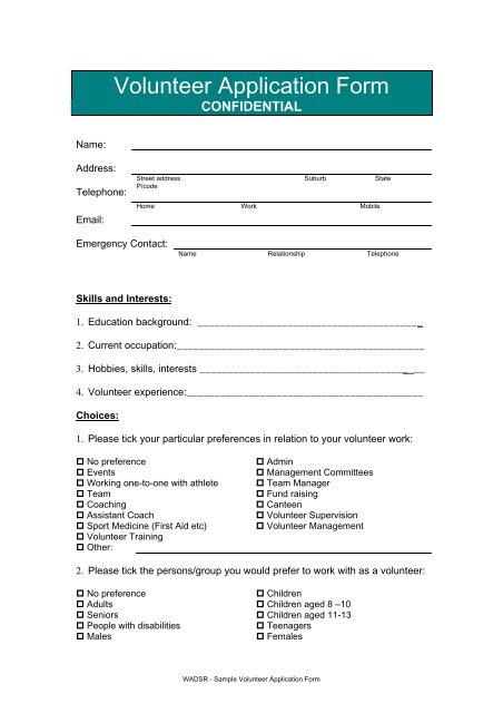 Volunteer Application Template Volunteer Application Form ARC