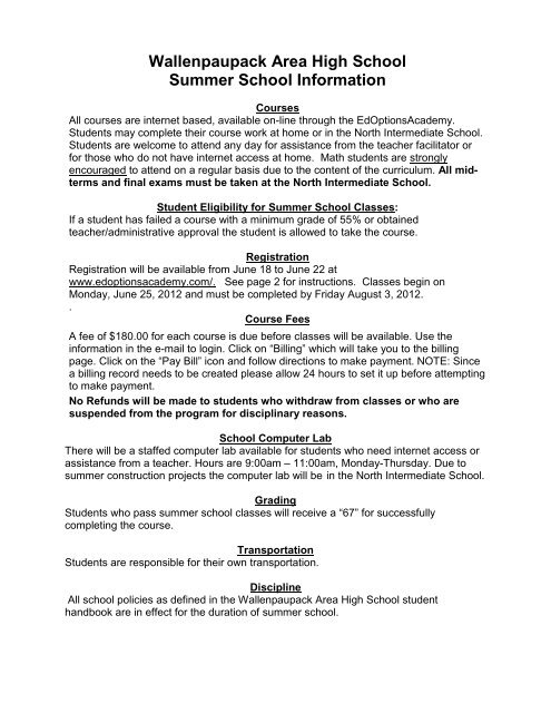 Wallenpaupack Area High School Summer School Information