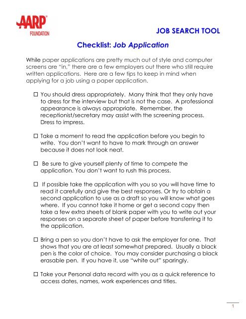 Web-Job Application Checklist - AARP WorkSearch