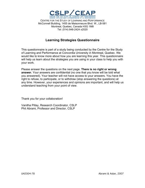Learning Strategies Questionnaire (2007) - Concordia University