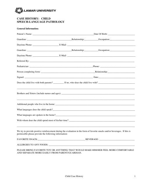 CASE HISTORY: CHILD SPEECH-LANGUAGE ... - Lamar University