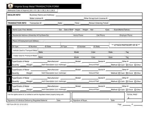 Virginia Scrap Metal TRANSACTION FORM - Virginia State Police