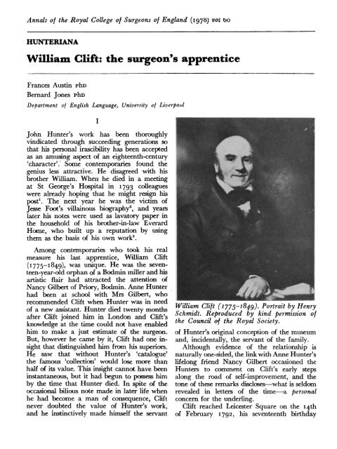 William Clift: the surgeon's apprentice