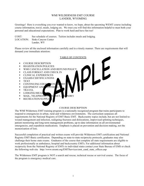 WMI WILDERNESS EMT COURSE LANDER, WYOMING - NOLS