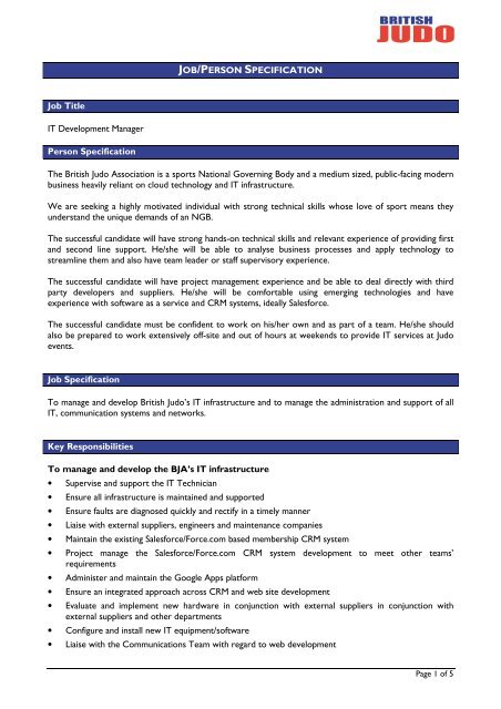 JOB/PERSON SPECIFICATION Job Title IT Development Manager ...