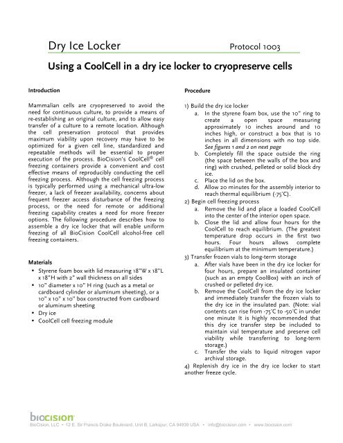 Using a CoolCell in a dry ice locker to cryopreserve cells - BioCision