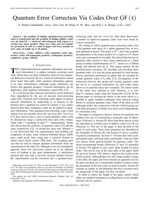 Quantum Error Correction Via Codes Over GF (4 ... - IEEE Xplore