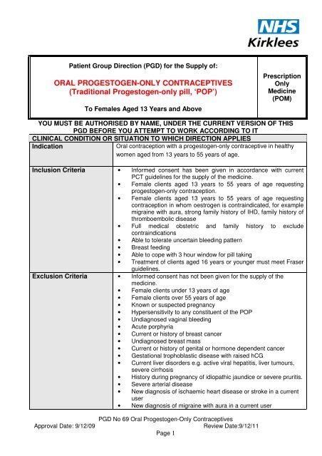 Patient Group Direction (PGD) for the Supply of - NHS Kirklees