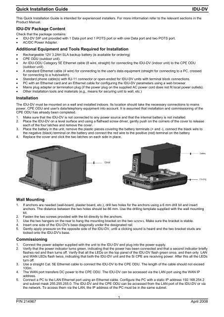 IDU-DV Quick Installation Guide - Alvarion