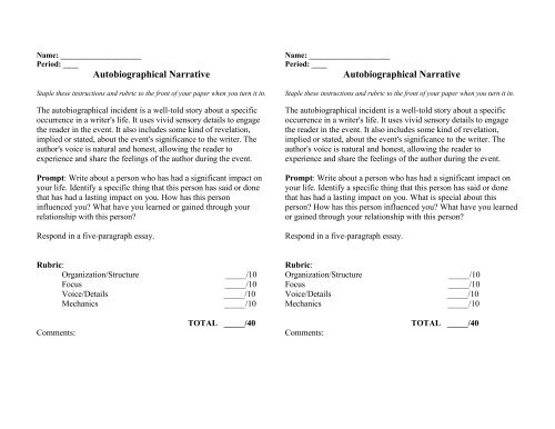 Autobiographical Narrative Rubric